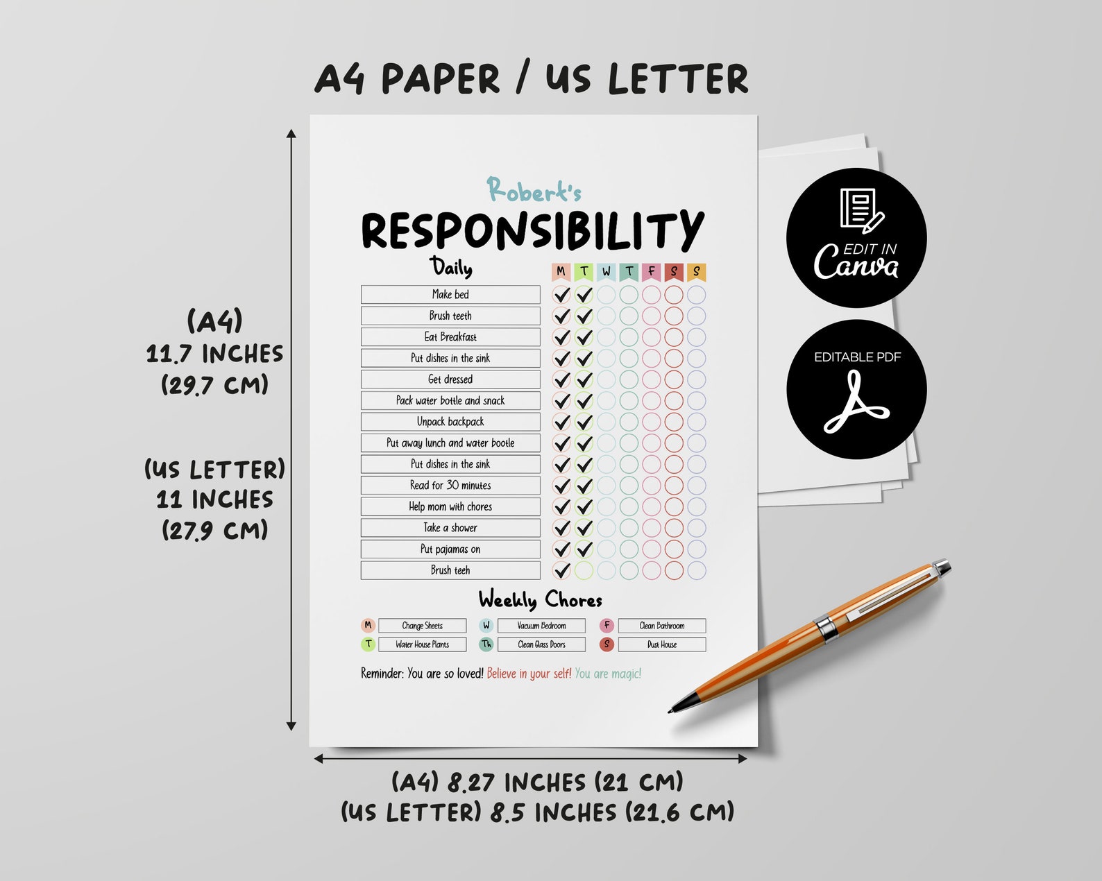 Kids Responsibility Chart Printable, Editable Daily Checklist ...