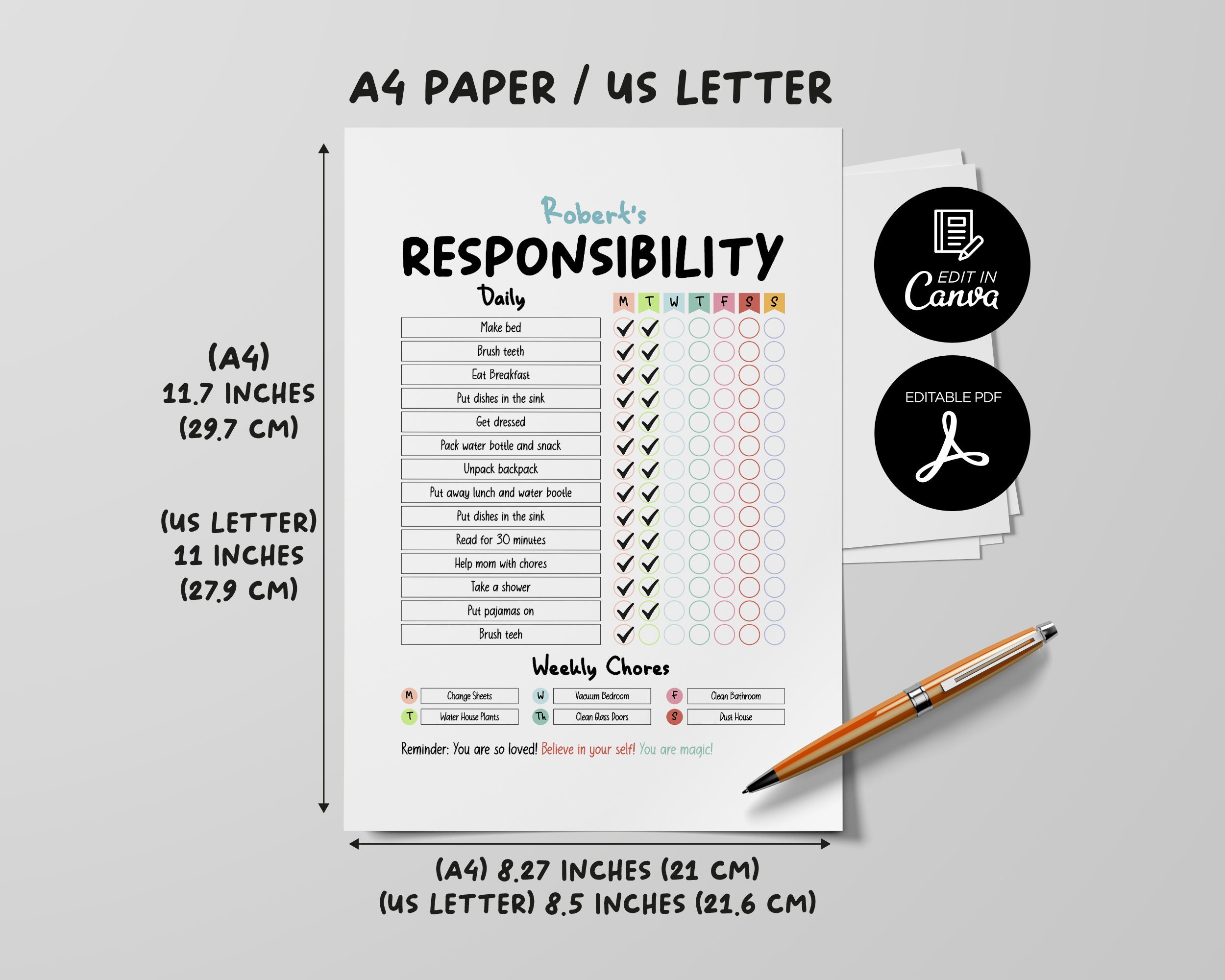 Kids Responsibility Chart Printable, Editable Daily Checklist ...