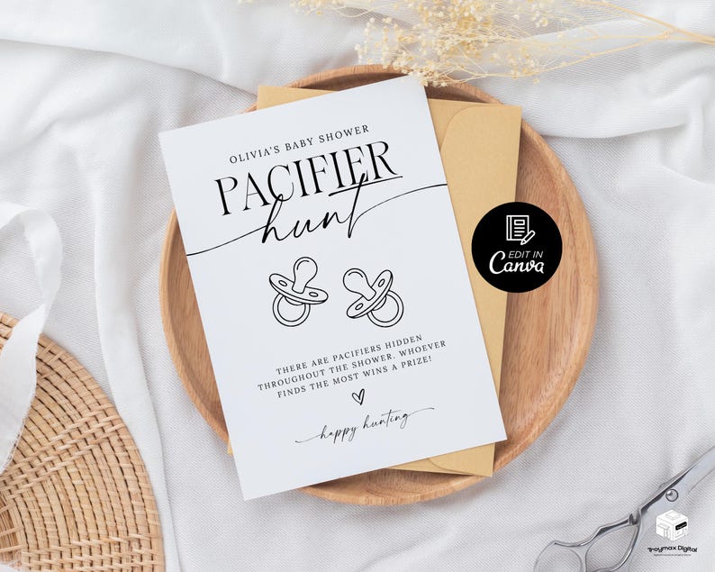 Pacifier Hunt Baby Shower Sign Template, Minimalist Baby Shower Game ...