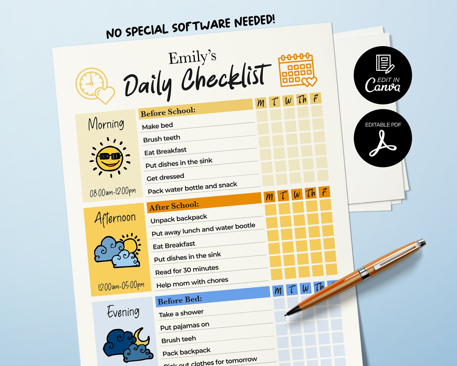 Editable Daily Checklist for Kids, Editable Chore Chart, Daily Schedule ...