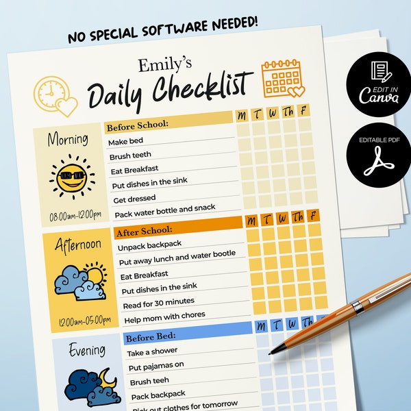 Editable Daily Schedule for Kids, Printable Daily Planner for Kids ...