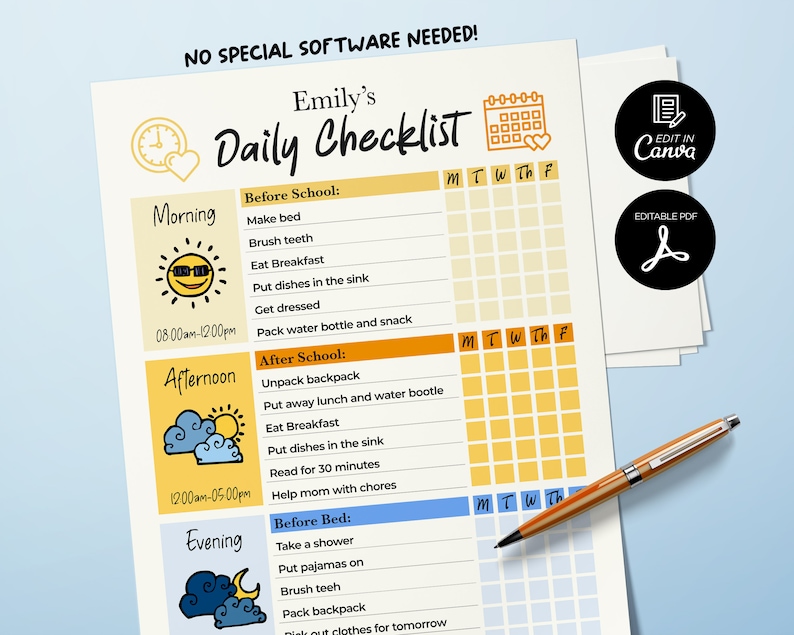 Editable Daily Checklist for Kids, Editable Chore Chart, Daily Schedule ...