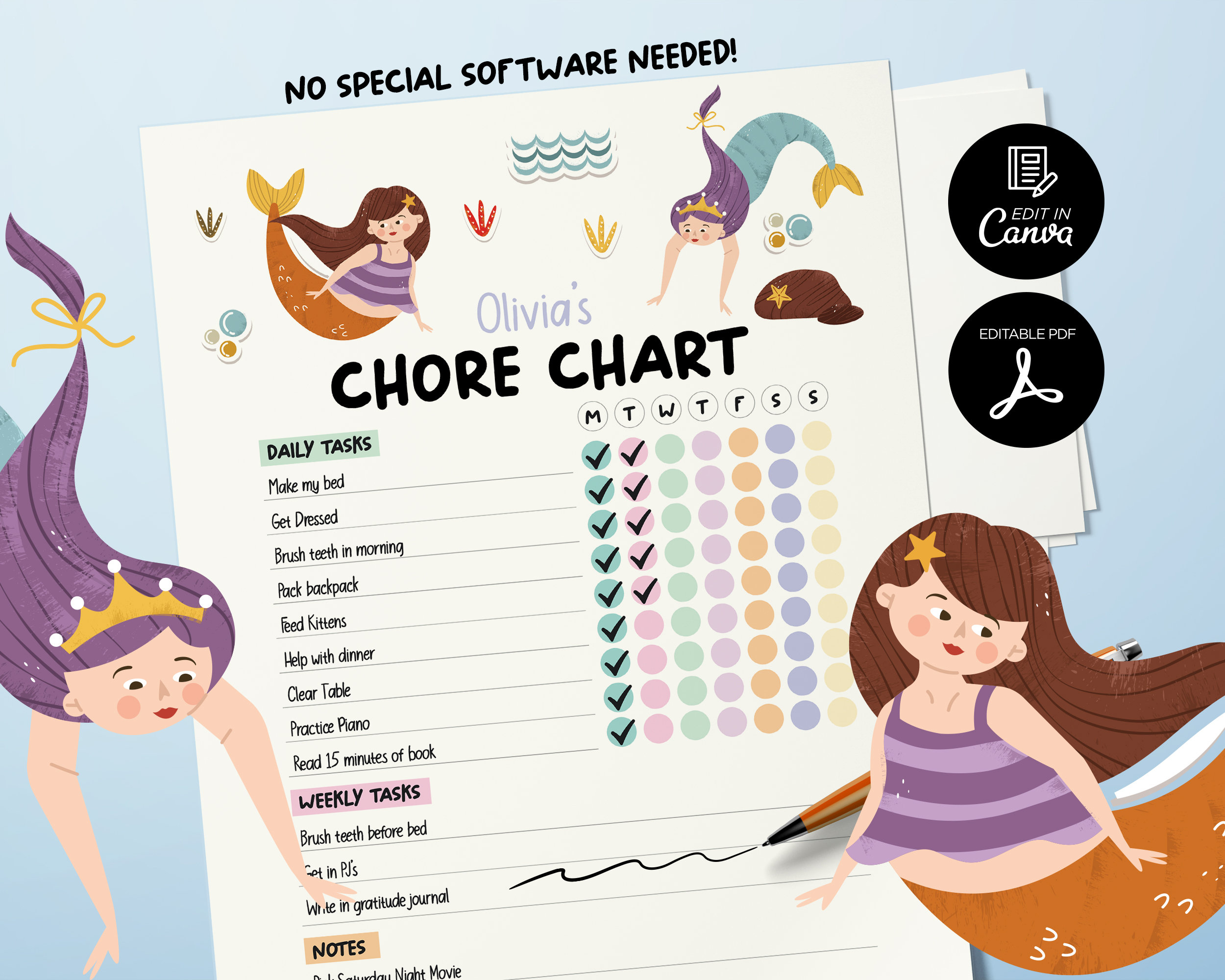 Daily Checklist for Kids, Editable Daily Chore Chart for Kids, Cute ...