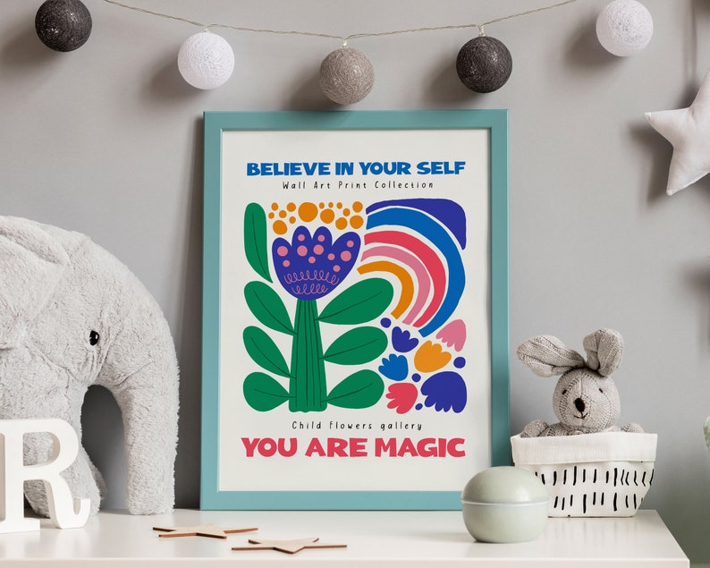 Kids Room Poster, Cute Rainbow Flowers, Nursery & Playroom Printable ...