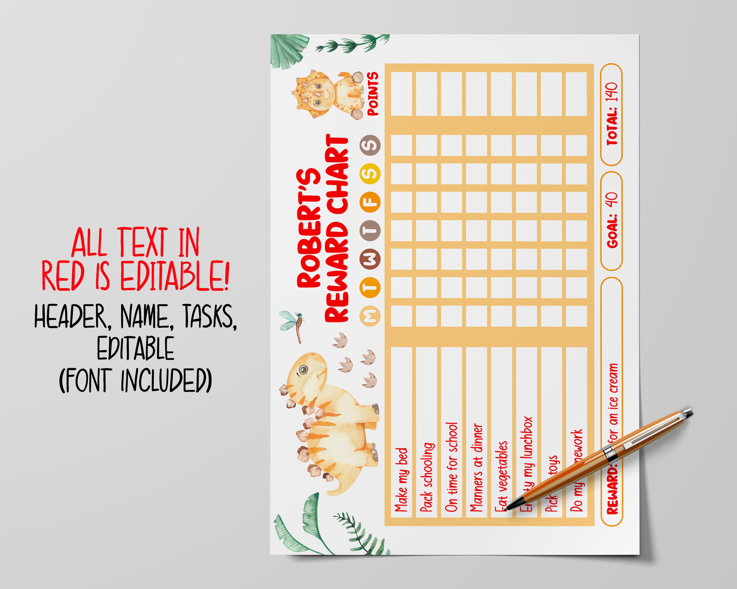 Editable Dinosaur Reward Chart, Printable Chore Chart for Kids, Good ...