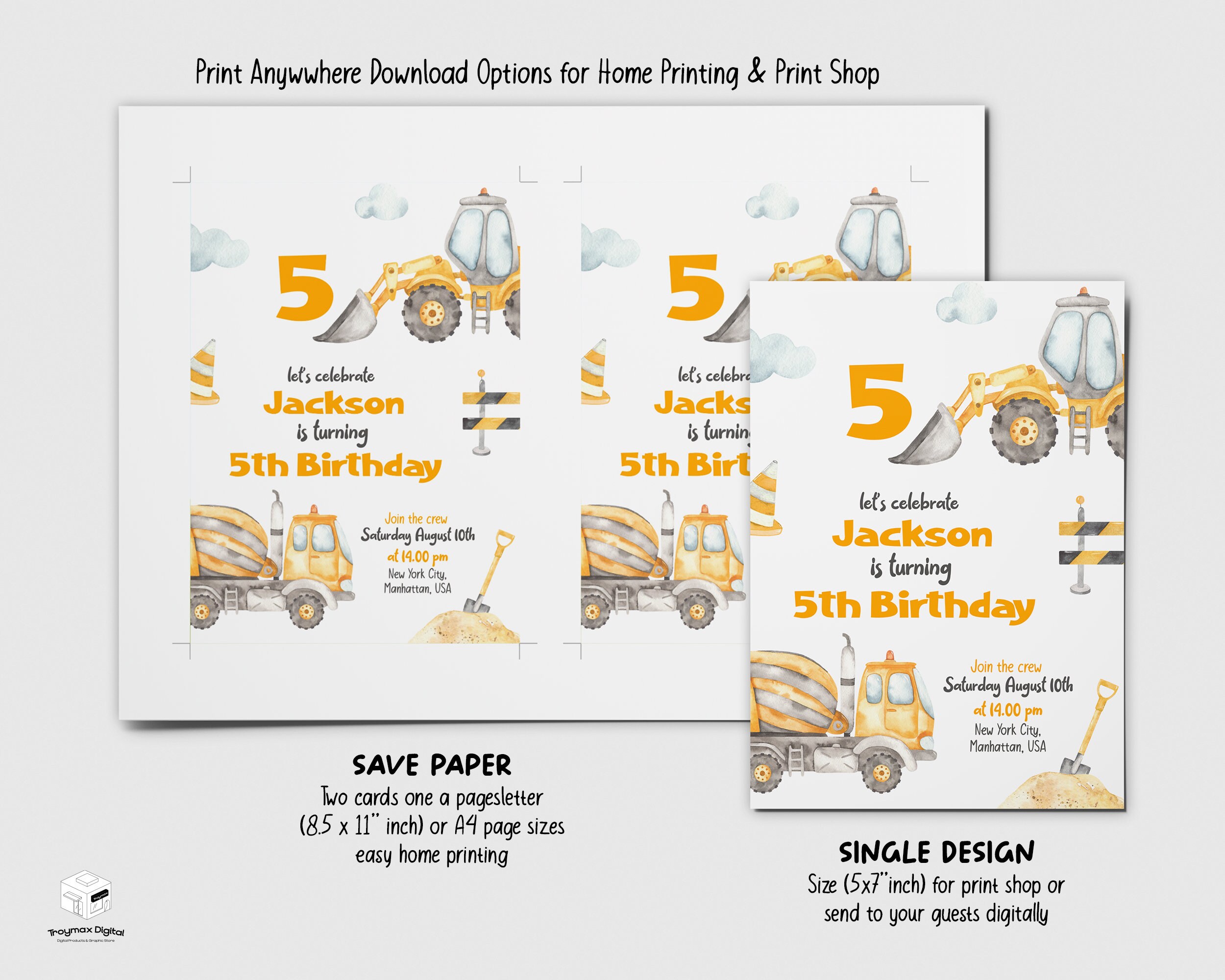 Printable Truck Machines Birthday for Kids Invitation Canva, Editable ...