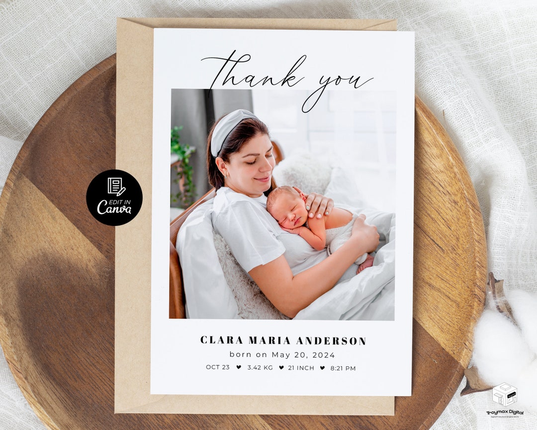 Photo Thank You Card for Newborn Baby With Name, Birth Card, Baby Thank ...