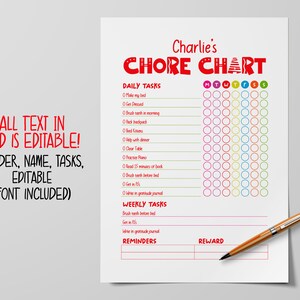 Editable Daily Chore Chart, Daily Journal for Kids, Printable Checklist ...