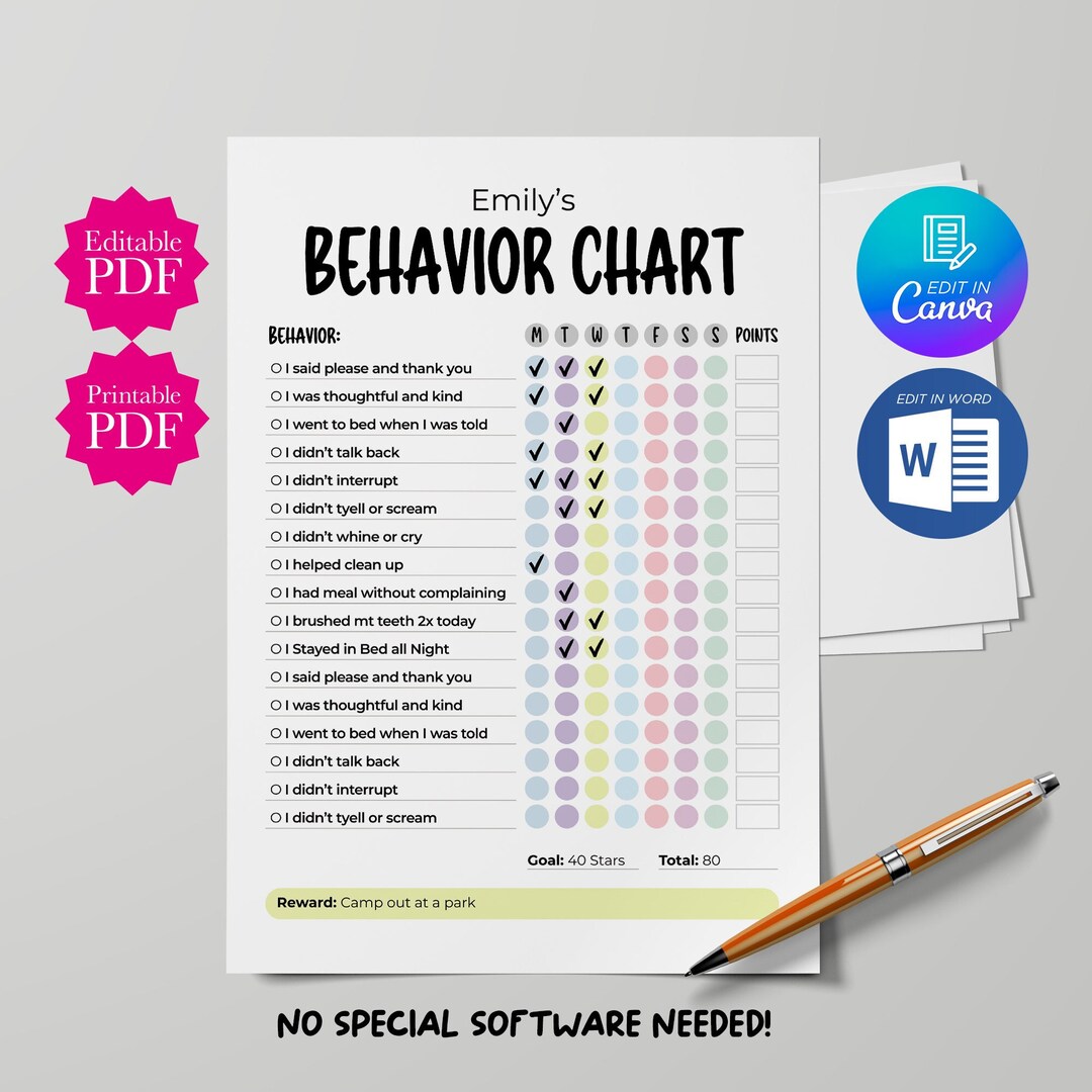 Editable Behavior Reward Chart for Kids Good Behavior - Etsy.de