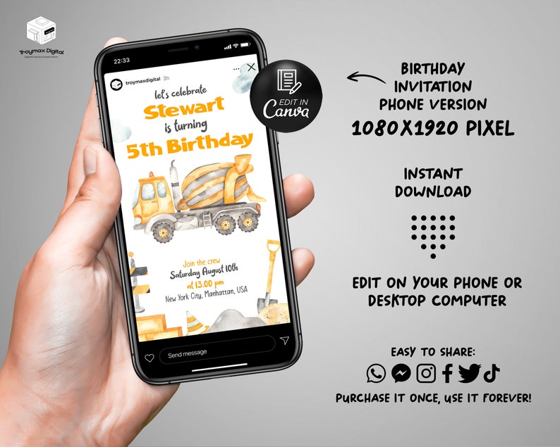 Printable Truck Machines Birthday Invitation for Kids, Editable ...