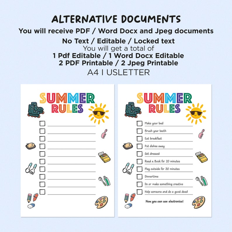 Summer Rules for Kids, Chart for Kids Editable, Summer Rules Editable ...