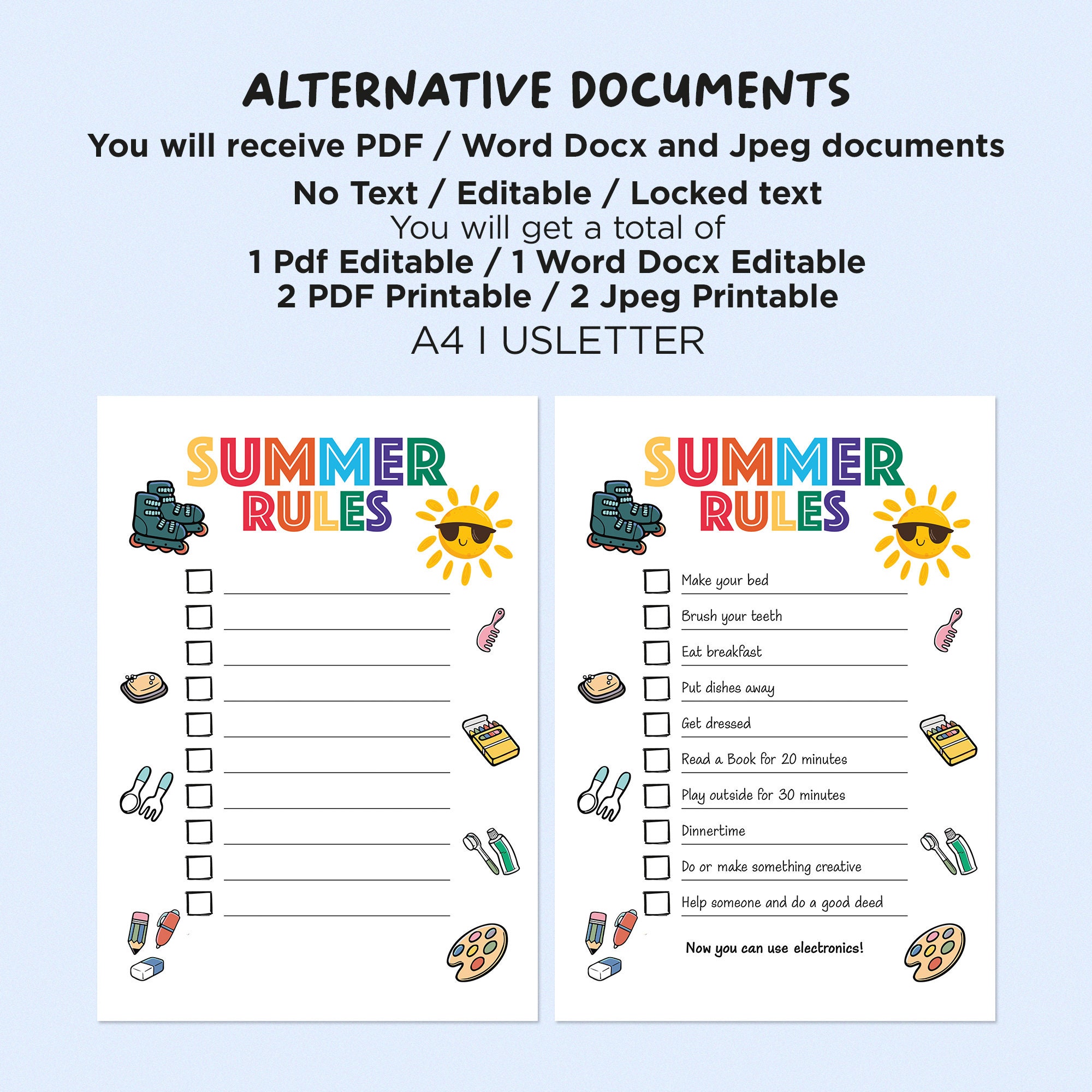 Summer Rules for Kids, Chart for Kids Editable, Summer Rules Editable ...