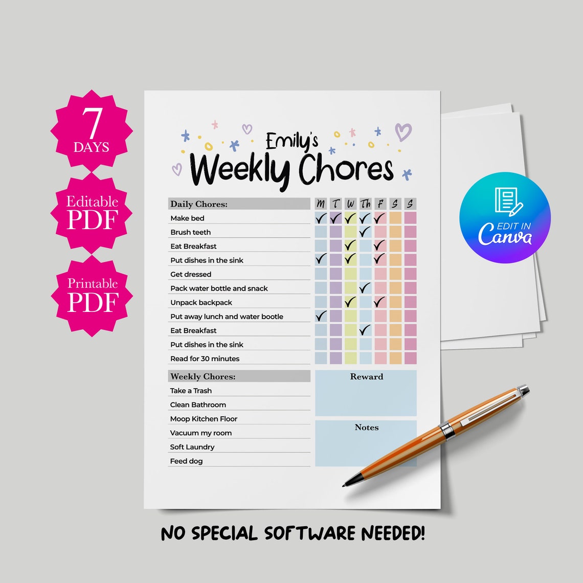 Weekly Chores for Kids Editable Weekly of My Actions Chores - Etsy
