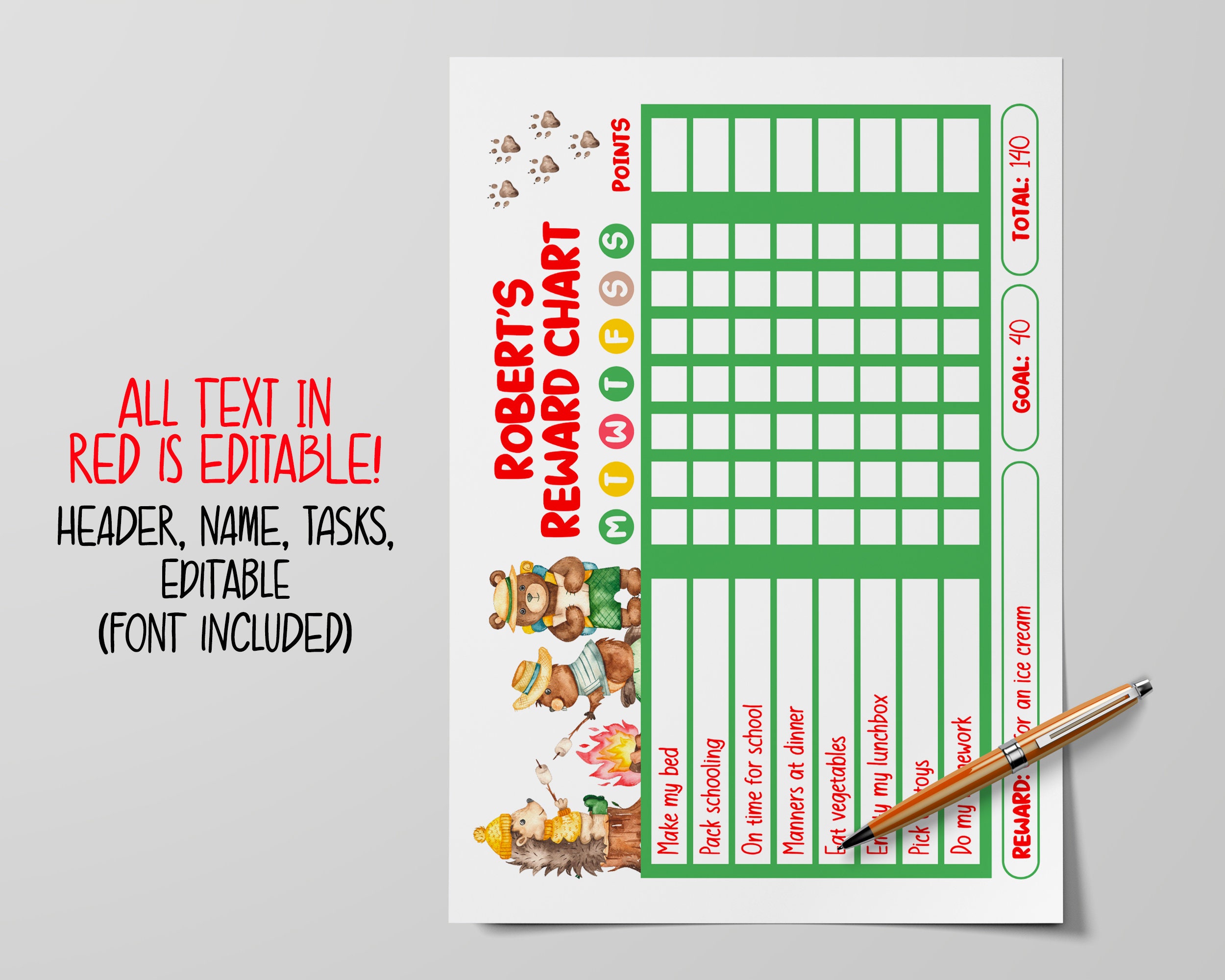 Editable Camping Animals Reward Chart, Printable Chore Chart for Kids ...