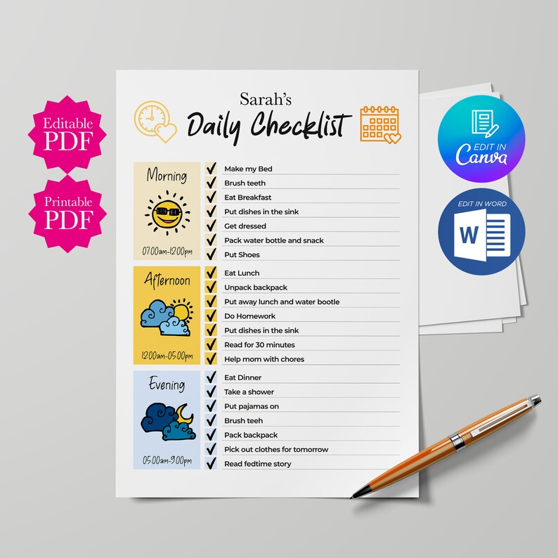 Daily Checklist Editable, Chore Chart Editable, Behavior Chart Editable ...