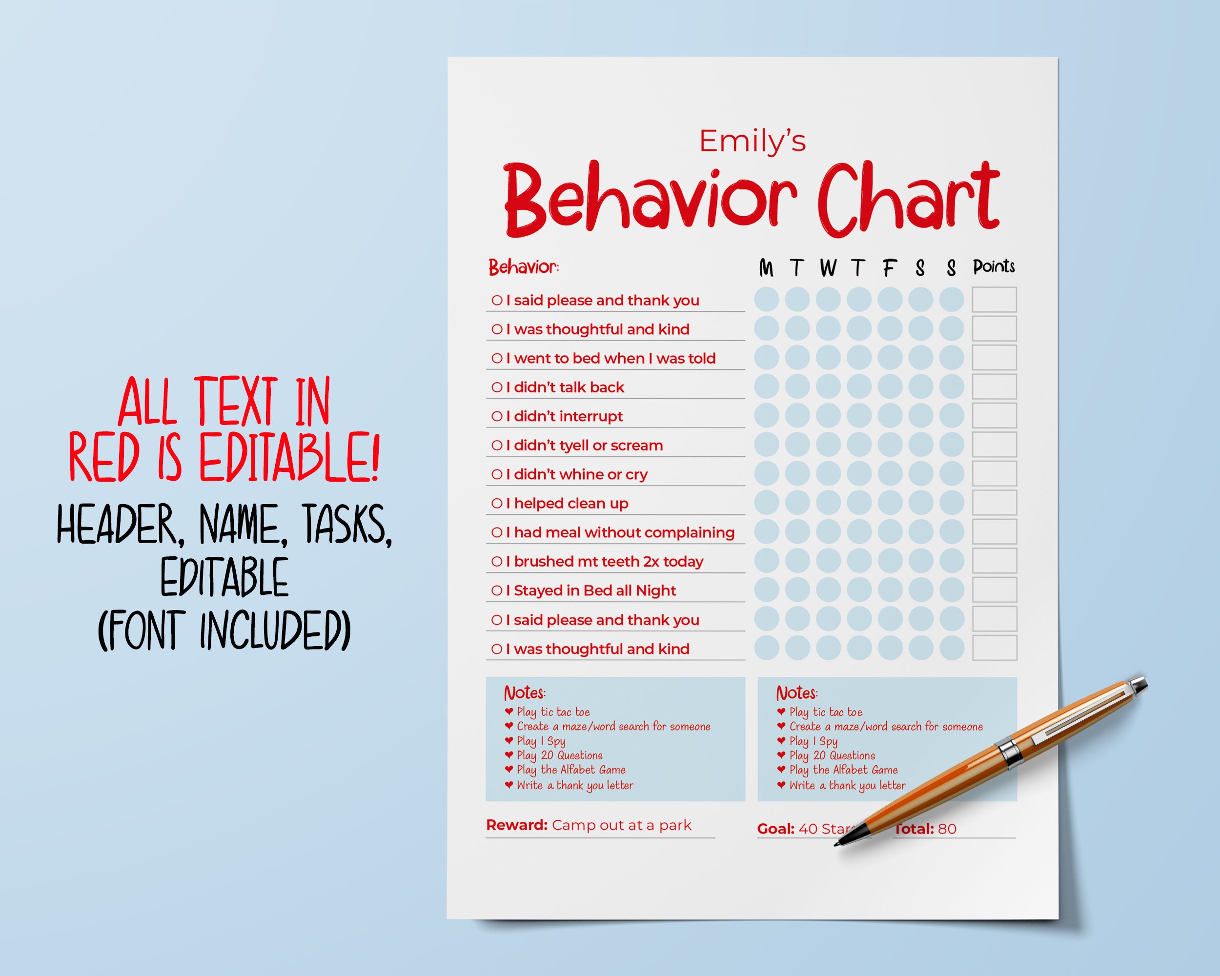Editable Behavior Chart for Kids, Good Behavior Tracking, Printable ...