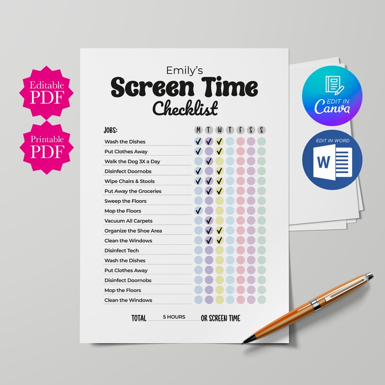 Daily Checklist Printable, Responsibility, Screen Time Checklist ...