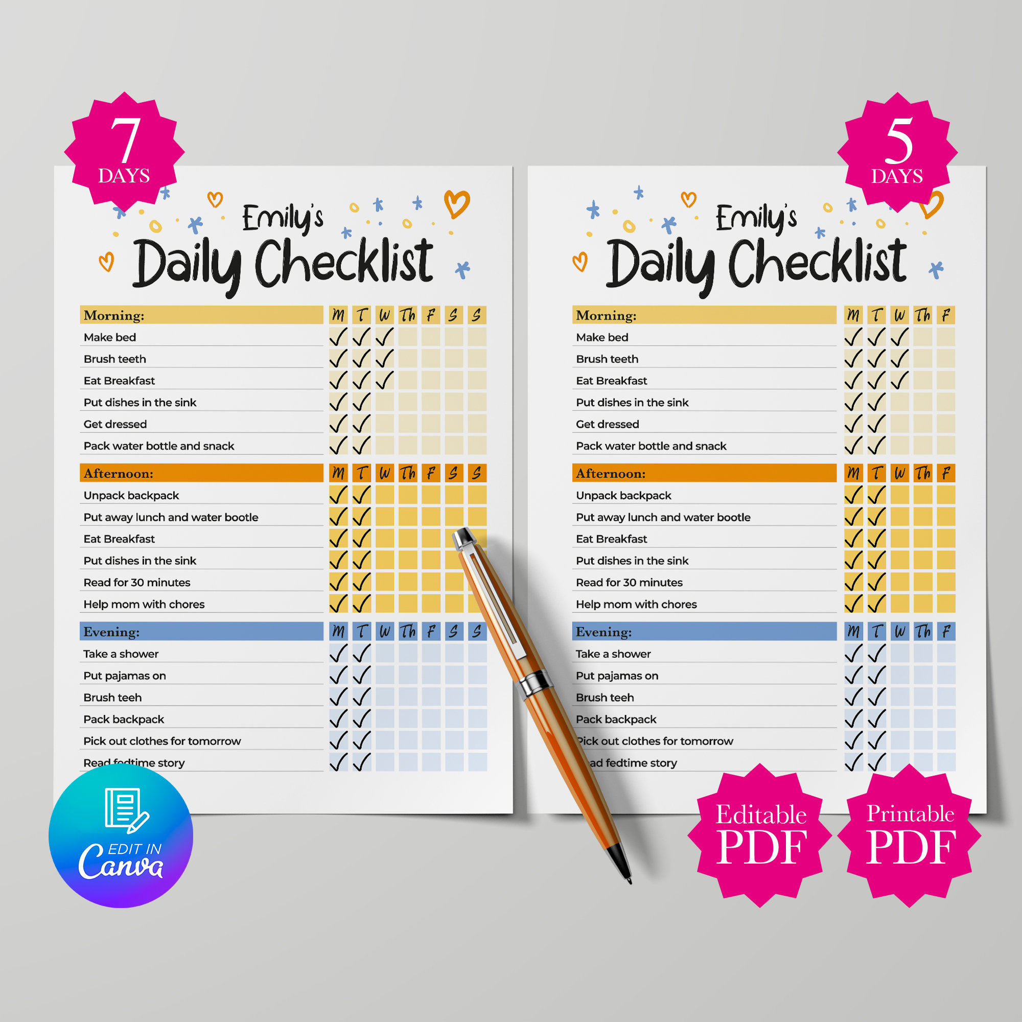 Daily Checklist for Kids, Daily Routine Editable, Weekly Chores ...