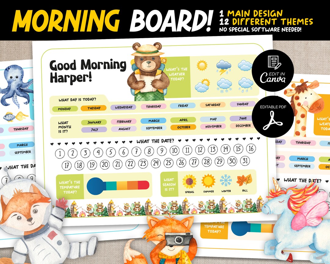 Daily Morning Board Template for Kids, Printable Wipeable Placemat for ...