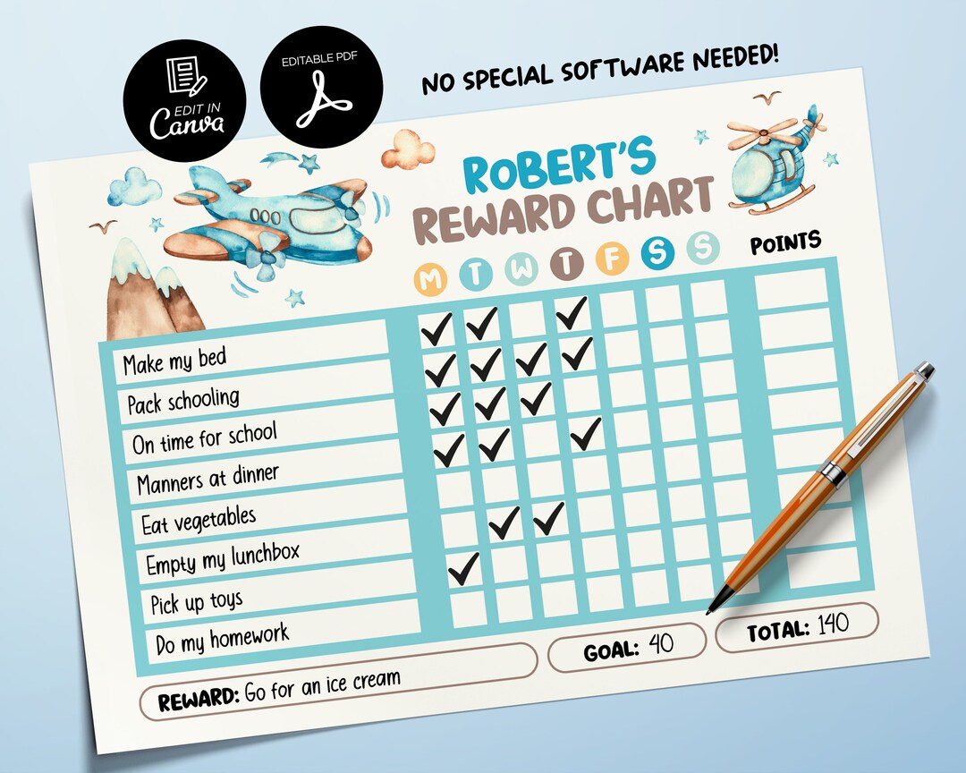 Editable Plane, Helicopter Reward Chart, Printable Chore Chart Kids ...