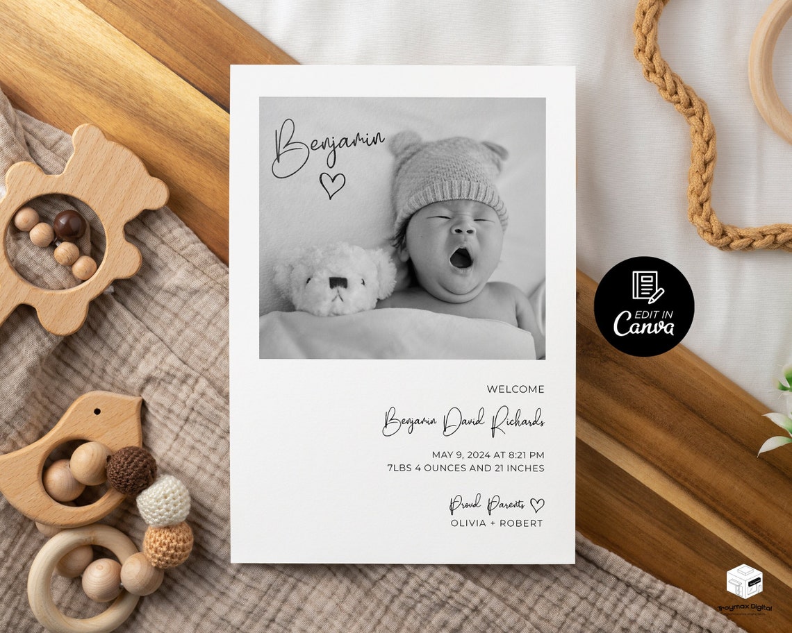 Printable Photo Birth Card, Birth Stats Card, Hello Baby Birth ...