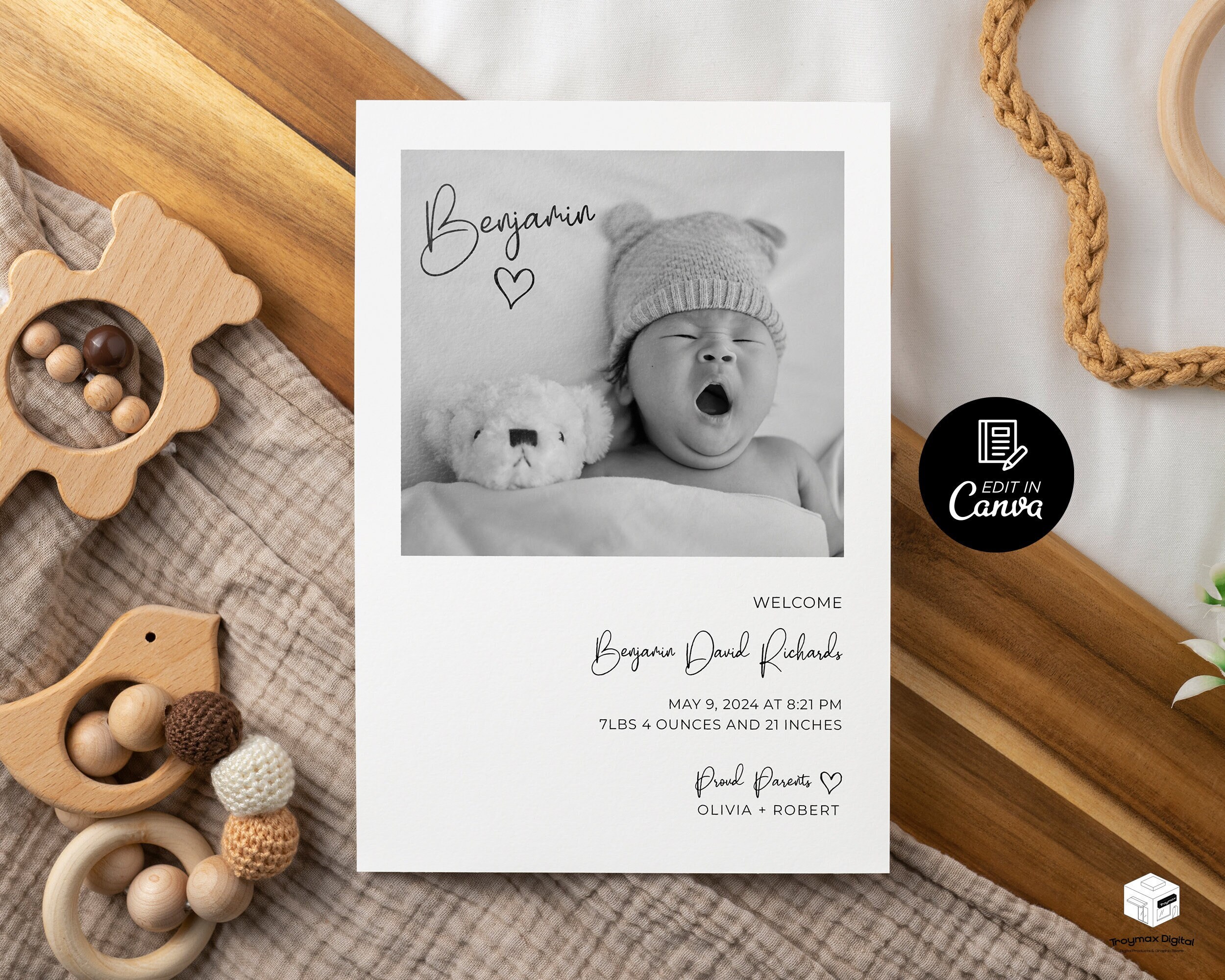 Printable Photo Birth Card, Birth Stats Card, Hello Baby Birth ...