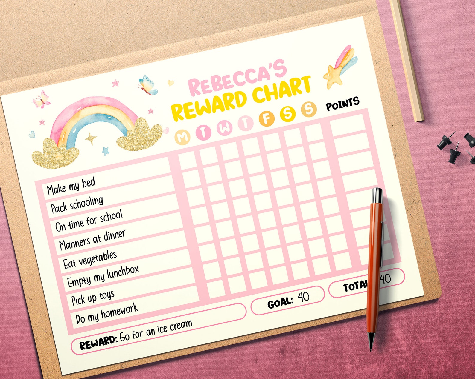 Editable Rainbow Reward Chart for Girls, Printable Chore Chart Kids ...