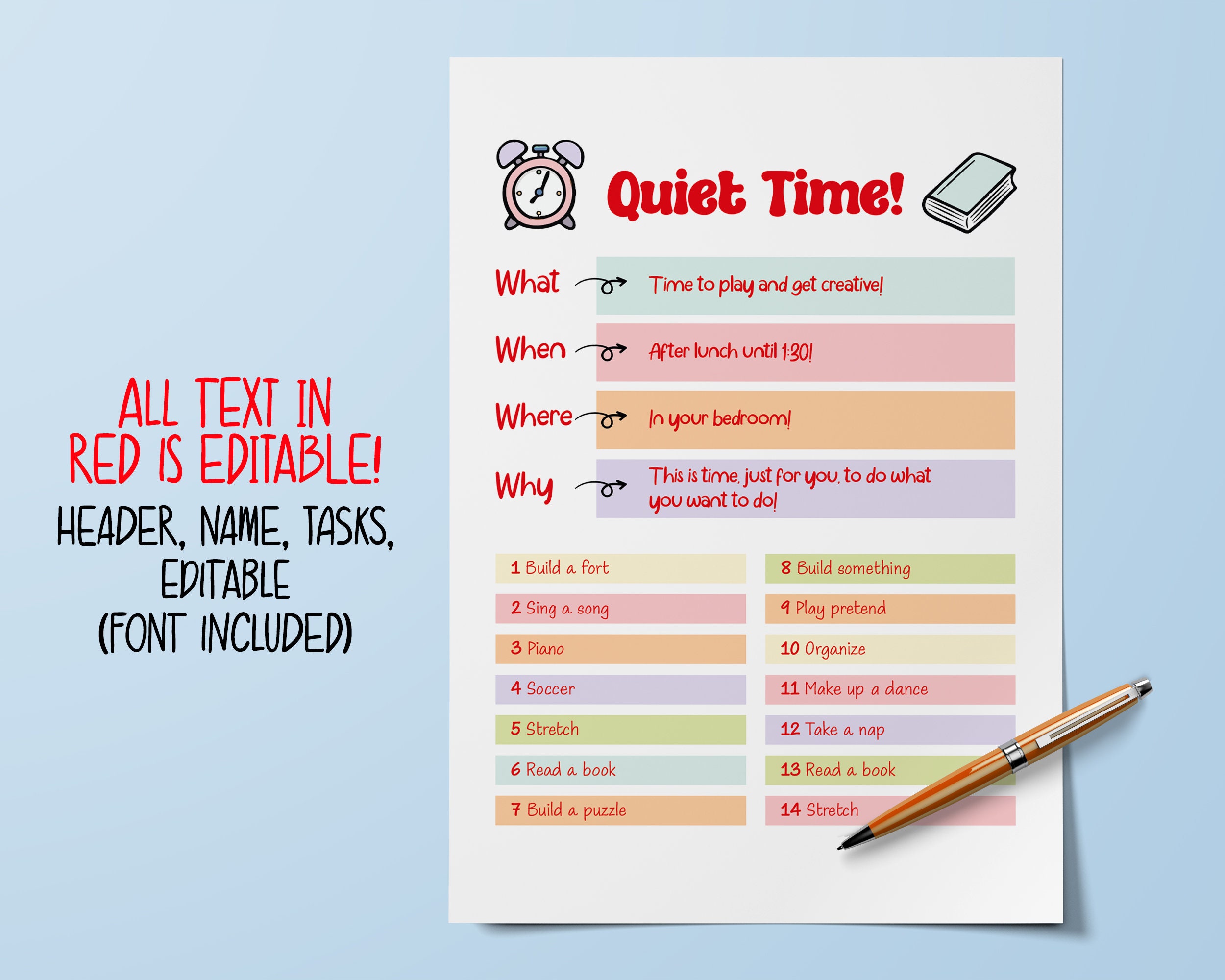 Quiet Time Chart for Kids, Daily Schedule Idea, Editable Daily ...