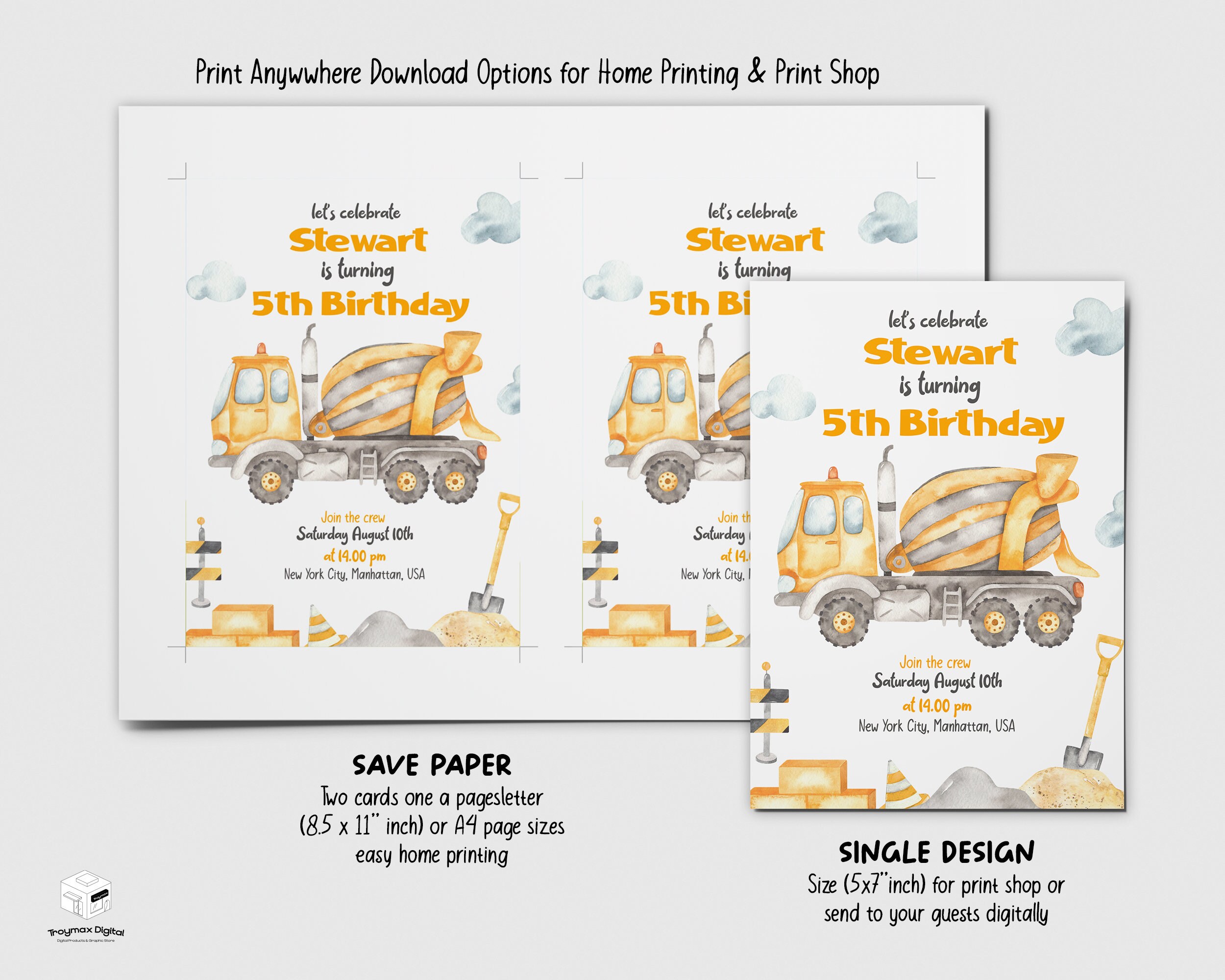 Printable Truck Machines Birthday Invitation for Kids, Editable ...