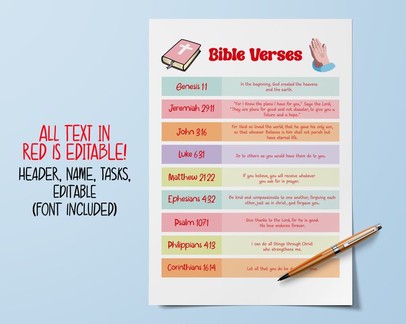 Bible Verses Chart for Kids, Bible Study Program Idea, Editable Bible ...