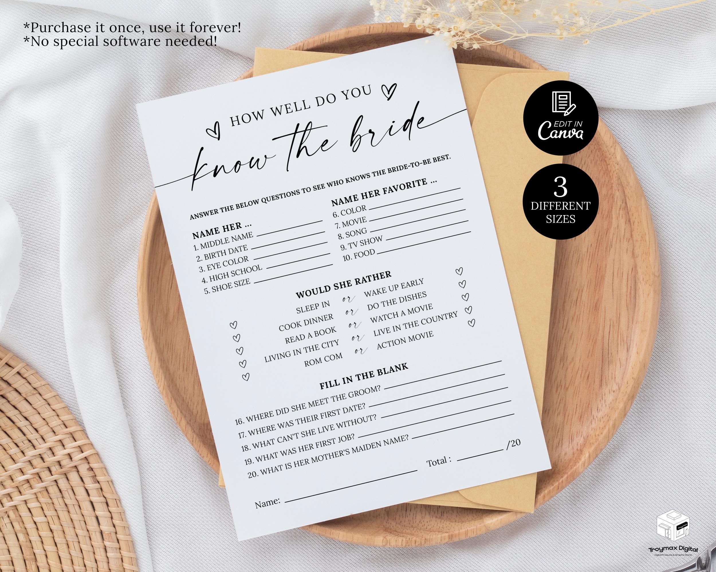 How Well Do You Know the Bride Game, Minimalist Wedding Shower Bride ...