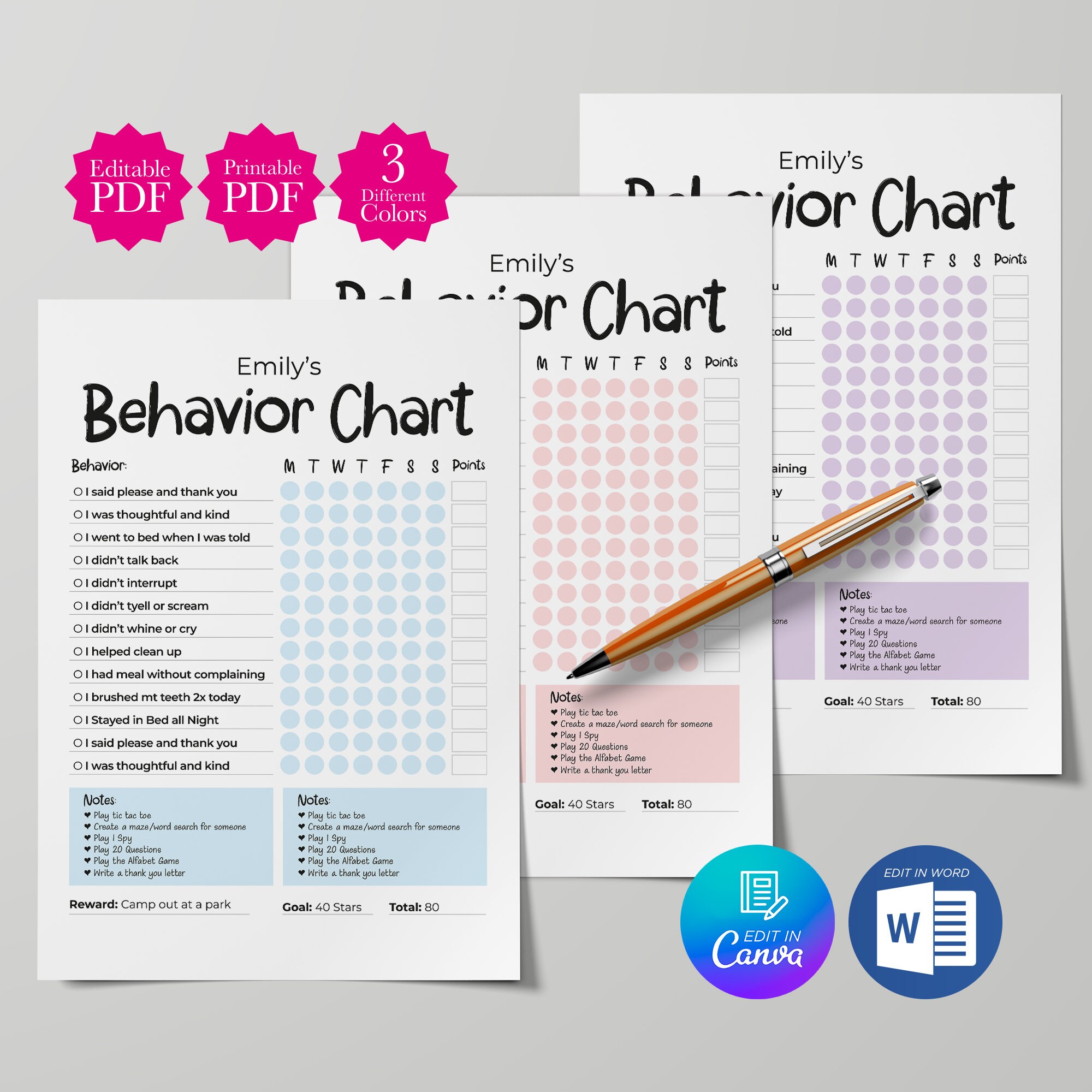 Daily Checklist for Kids, Editable Behavior Reward Chart for Kids ...