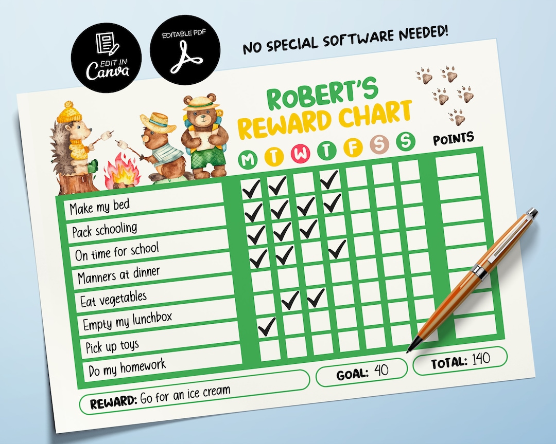 Editable Camping Animals Reward Chart, Printable Chore Chart for Kids ...