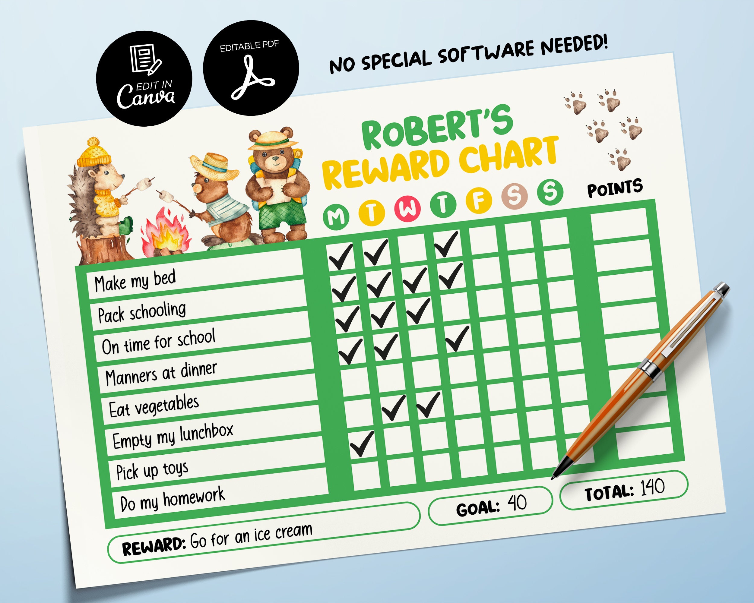 Editable Camping Animals Reward Chart, Printable Chore Chart for Kids ...