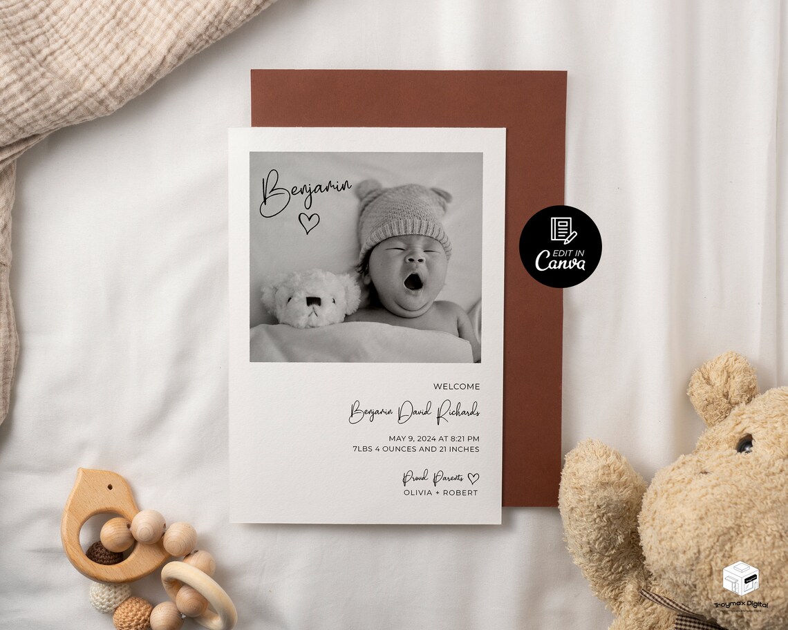 Printable Photo Birth Card, Birth Stats Card, Hello Baby Birth ...