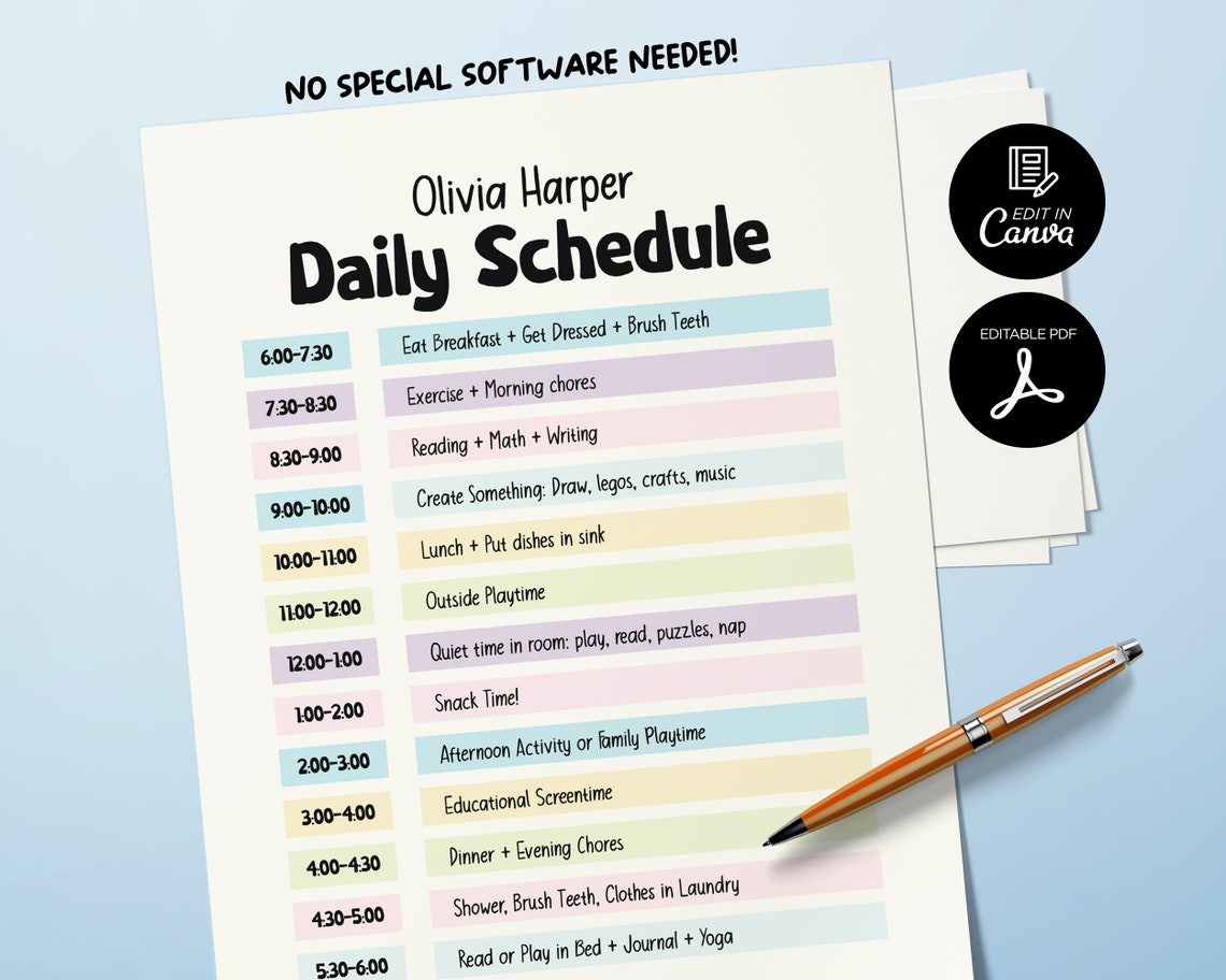 Editable Daily Schedule for Kids, Printable Daily Planner for Kids ...