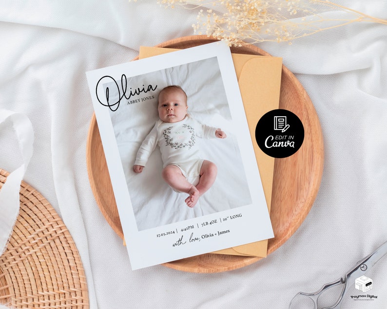 Editable Photo Birth Card Canva Template, Printable Birth Stats Card ...