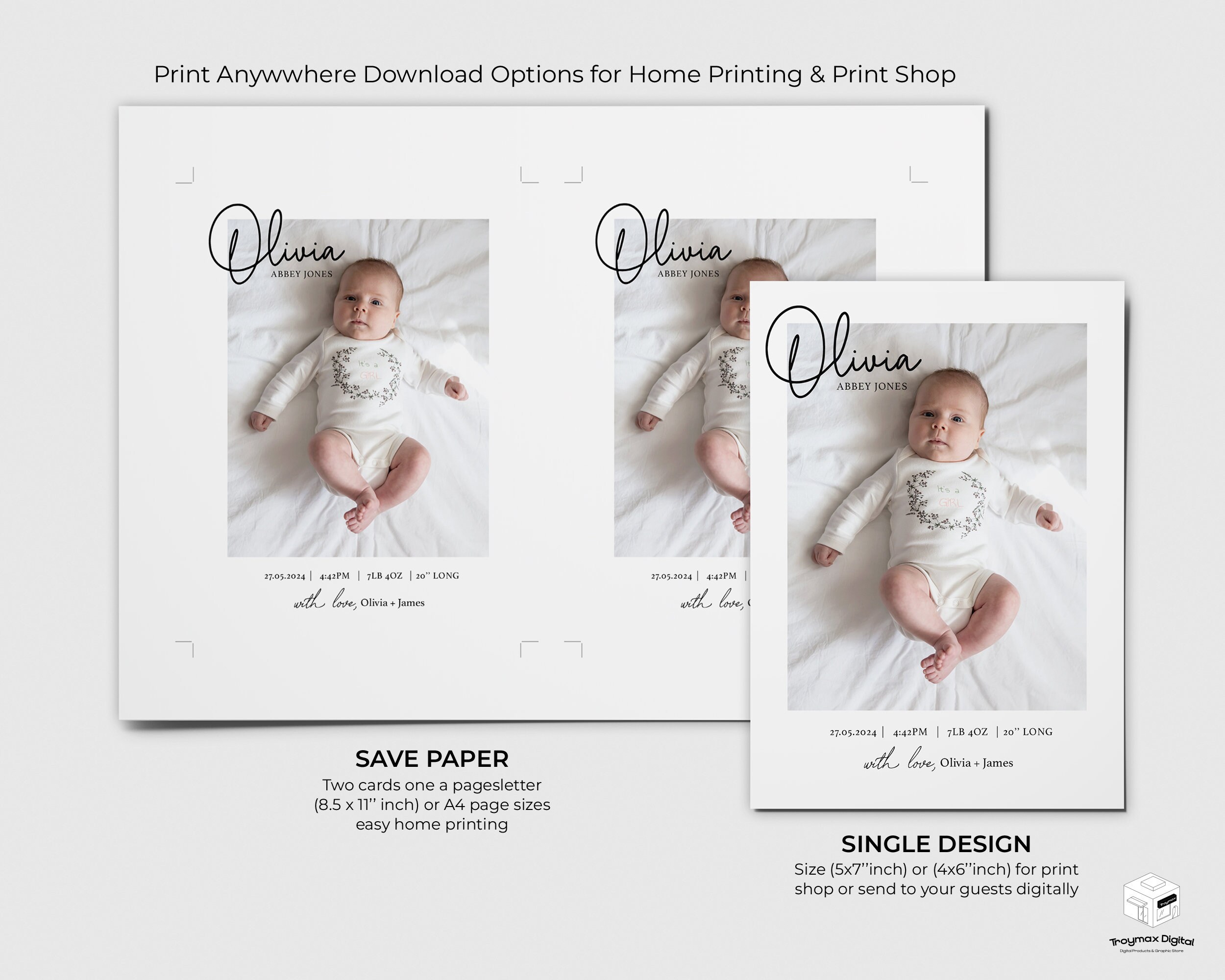 Editable Photo Birth Card Canva Template, Printable Birth Stats Card ...