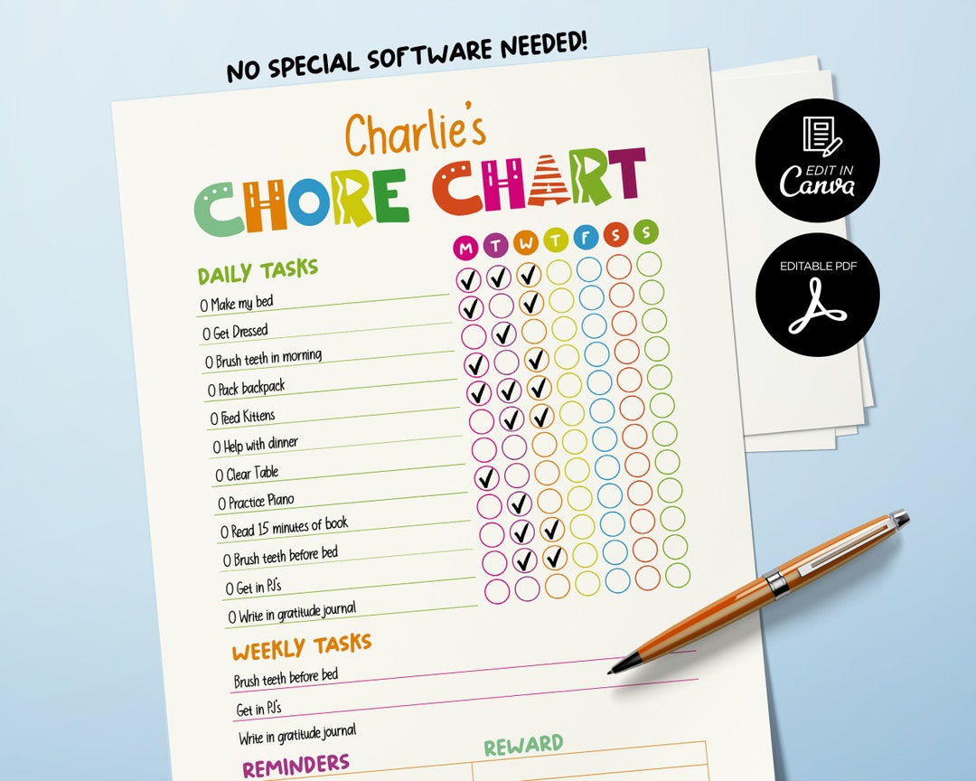 Editable Daily Chore Chart, Daily Journal for Kids, Printable Checklist ...