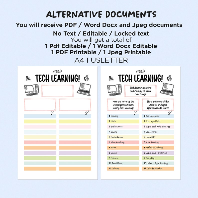 Tech Learning Planner Educational Screen Time Ideas Chart for - Etsy