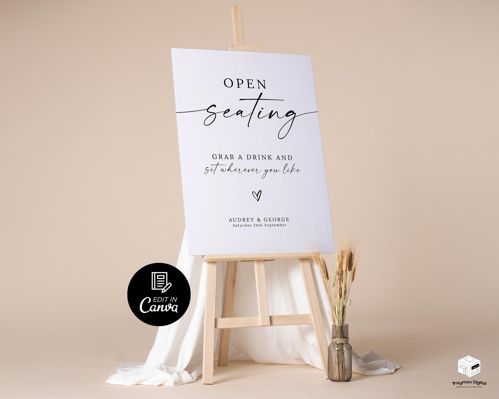 Minimalist Open Seating Wedding Sign Template, Modern Open Seating Sign ...