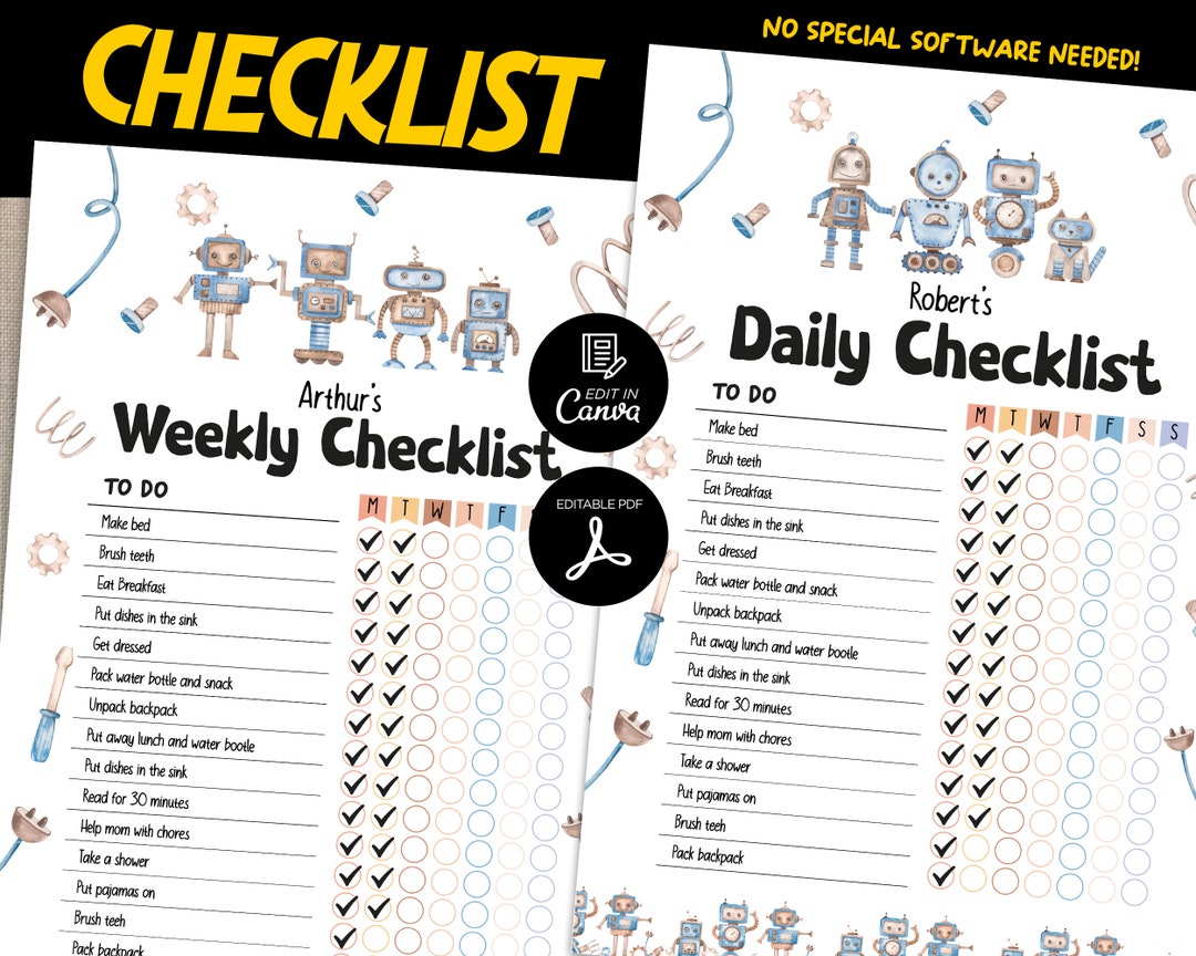 Printable Checklist for Kids, Daily Planner for Kids, Weekly Checklist ...
