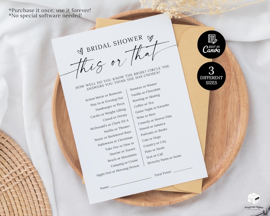 This or That Bridal Shower Game, Editable Template, Bridal Shower ...