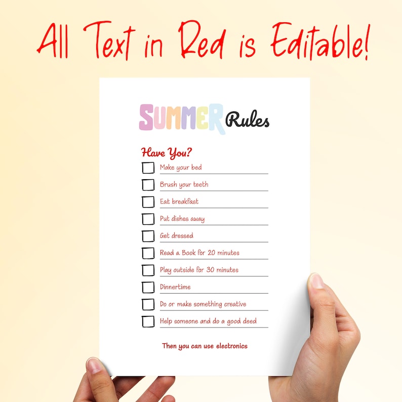 Printable Summer Rules for Kids Summer Chart for Kids - Etsy