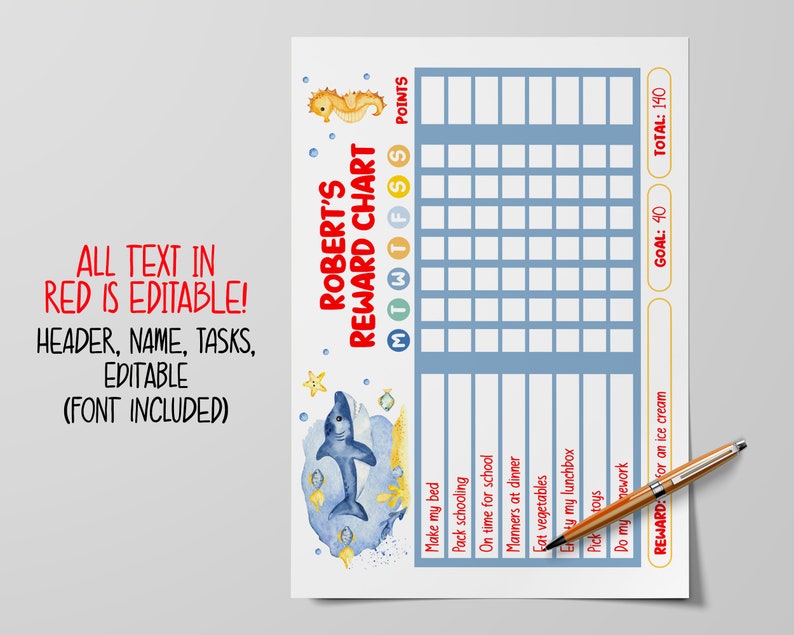 Editable Shark Reward Chart, Printable Chore Chart for Kids, Good ...