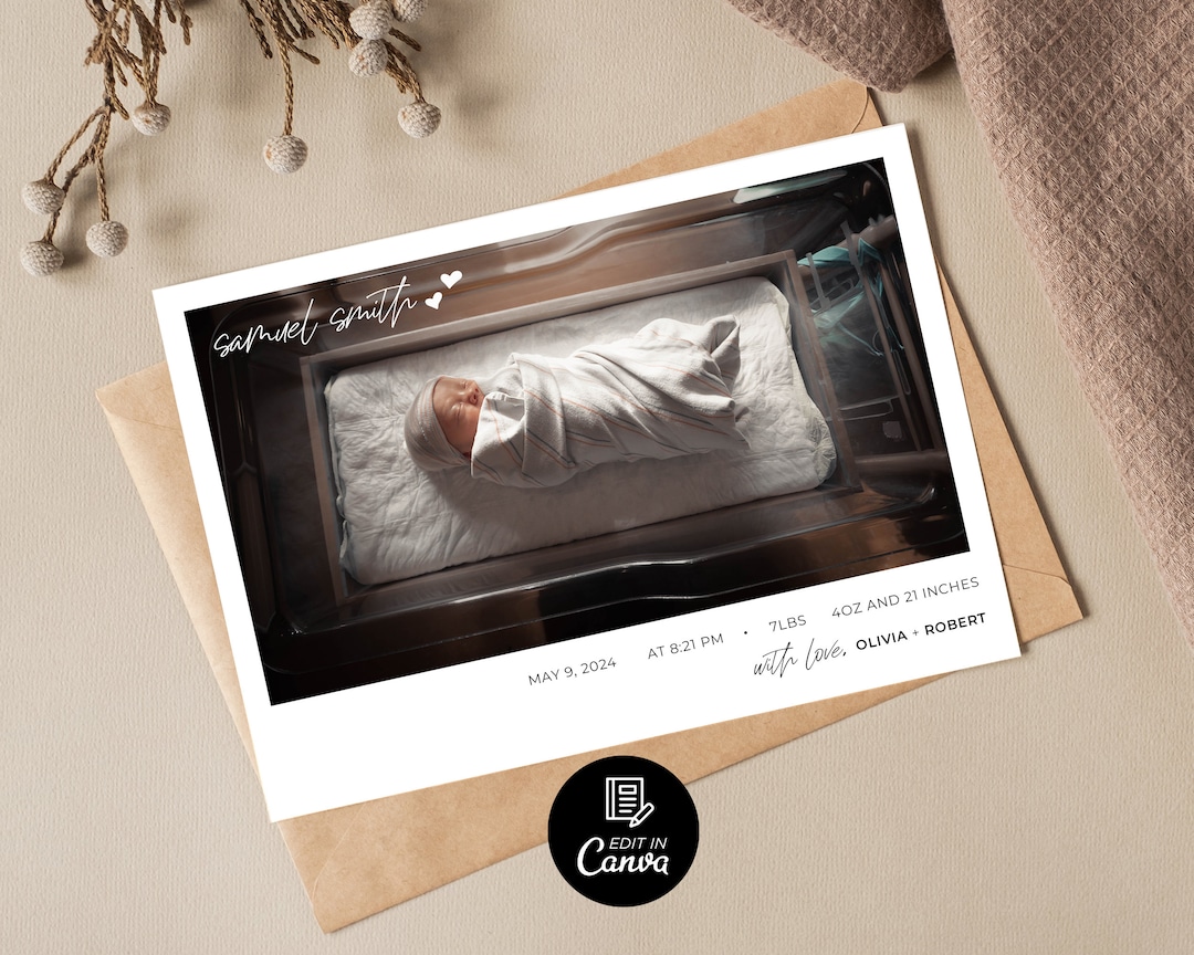 Printable Photo Birth Card, Birth Statistics Card, Newborn Announcement ...