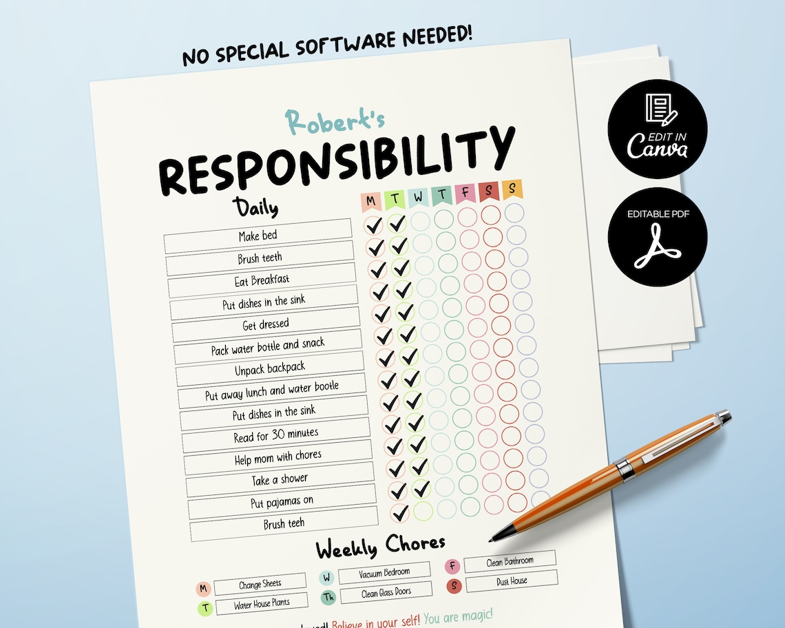 Kids Responsibility Chart Printable, Editable Daily Checklist ...