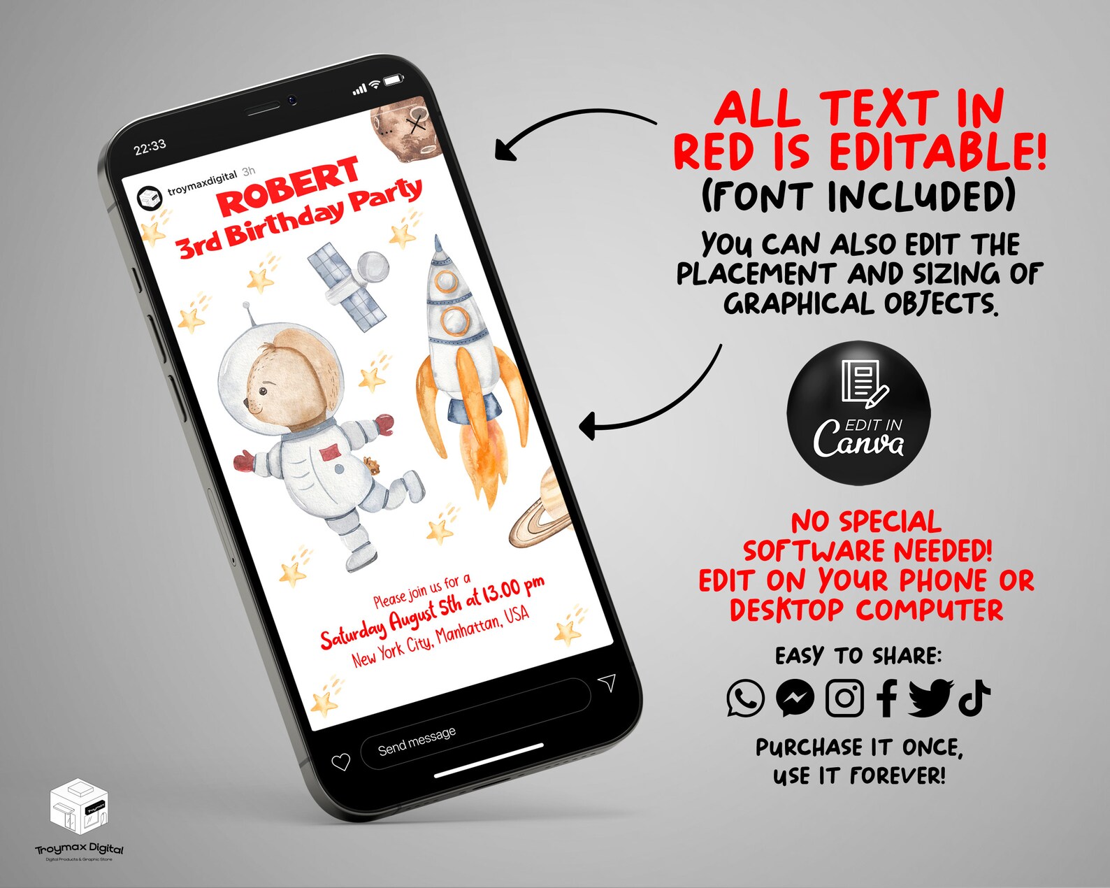 Editable Birthday Card&phone Canva Template, Space Adventure Kids and ...