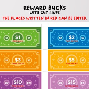Editable Kids Reward Bucks Chart, Editable Kids Reward Bucks Earn Money ...