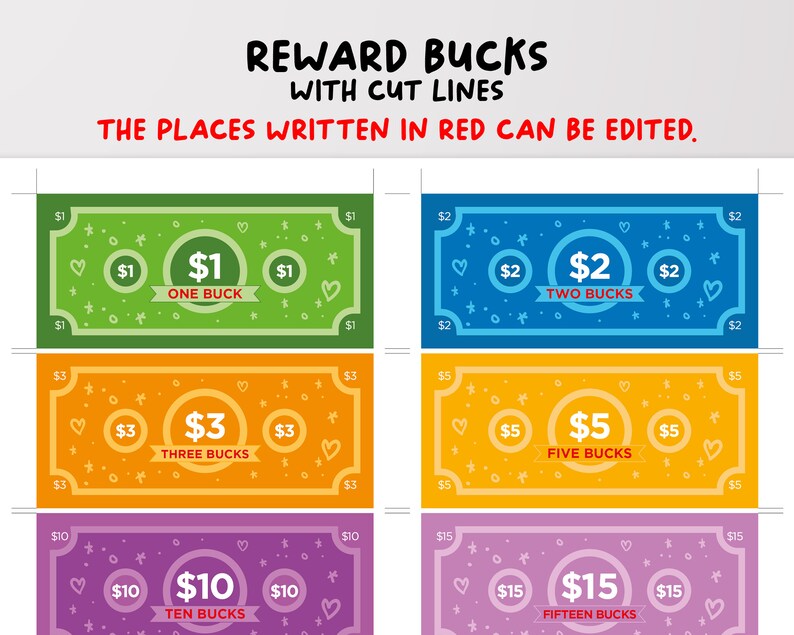 Editable Kids Reward Bucks Chart, Editable Kids Reward Bucks Earn Money ...